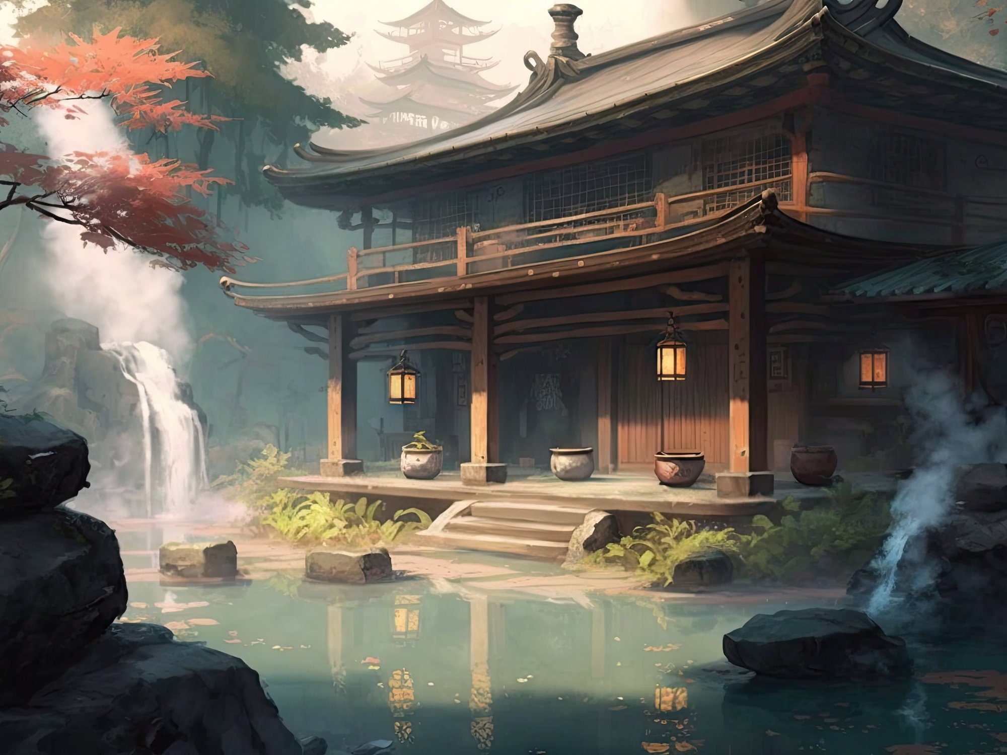 Japan Bath House and Onsen Wall Art, AI Generated Digital Download ...