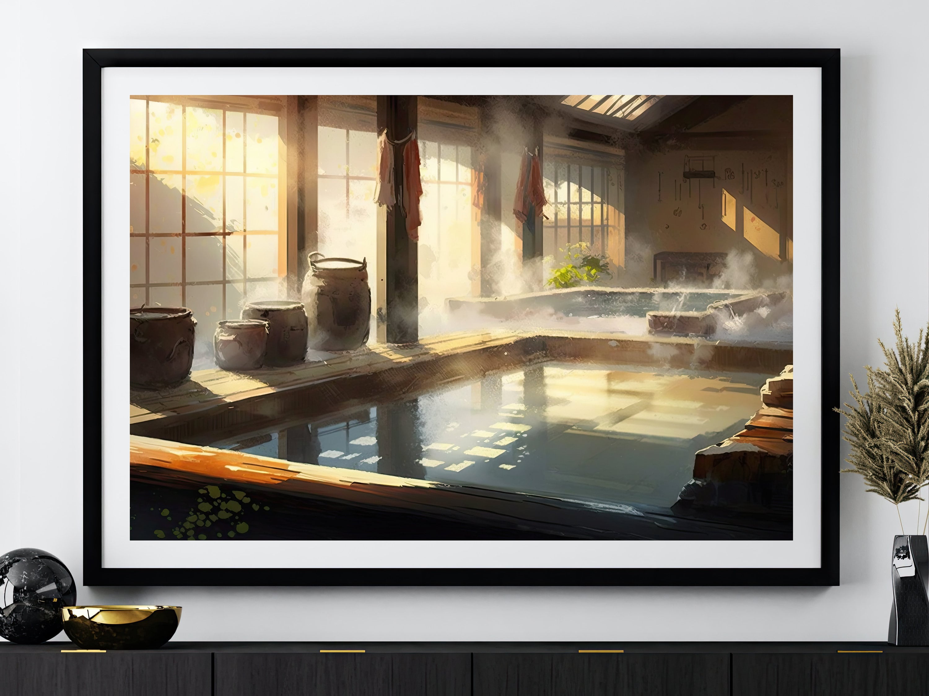 Japan Indoor Bath House and Onsen Wall Art, AI Generated Digital ...
