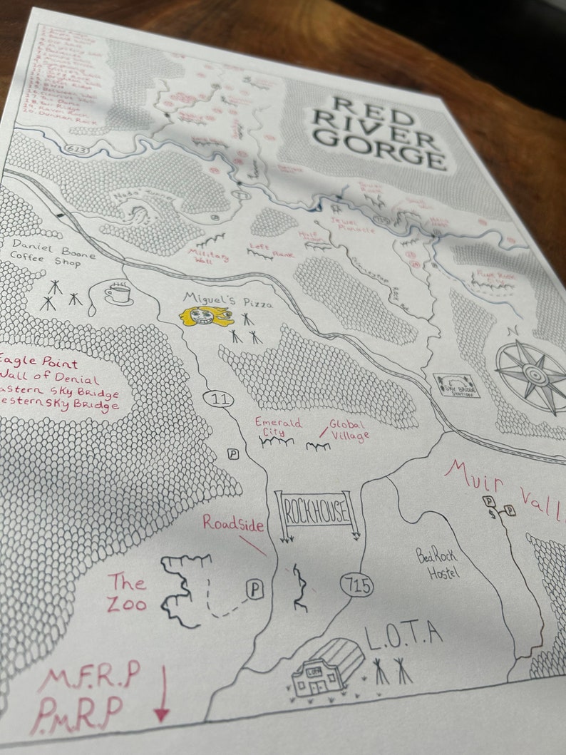 Red River Gorge Crag Map (13" X 19")- Hand Drawn With Everyone's ...