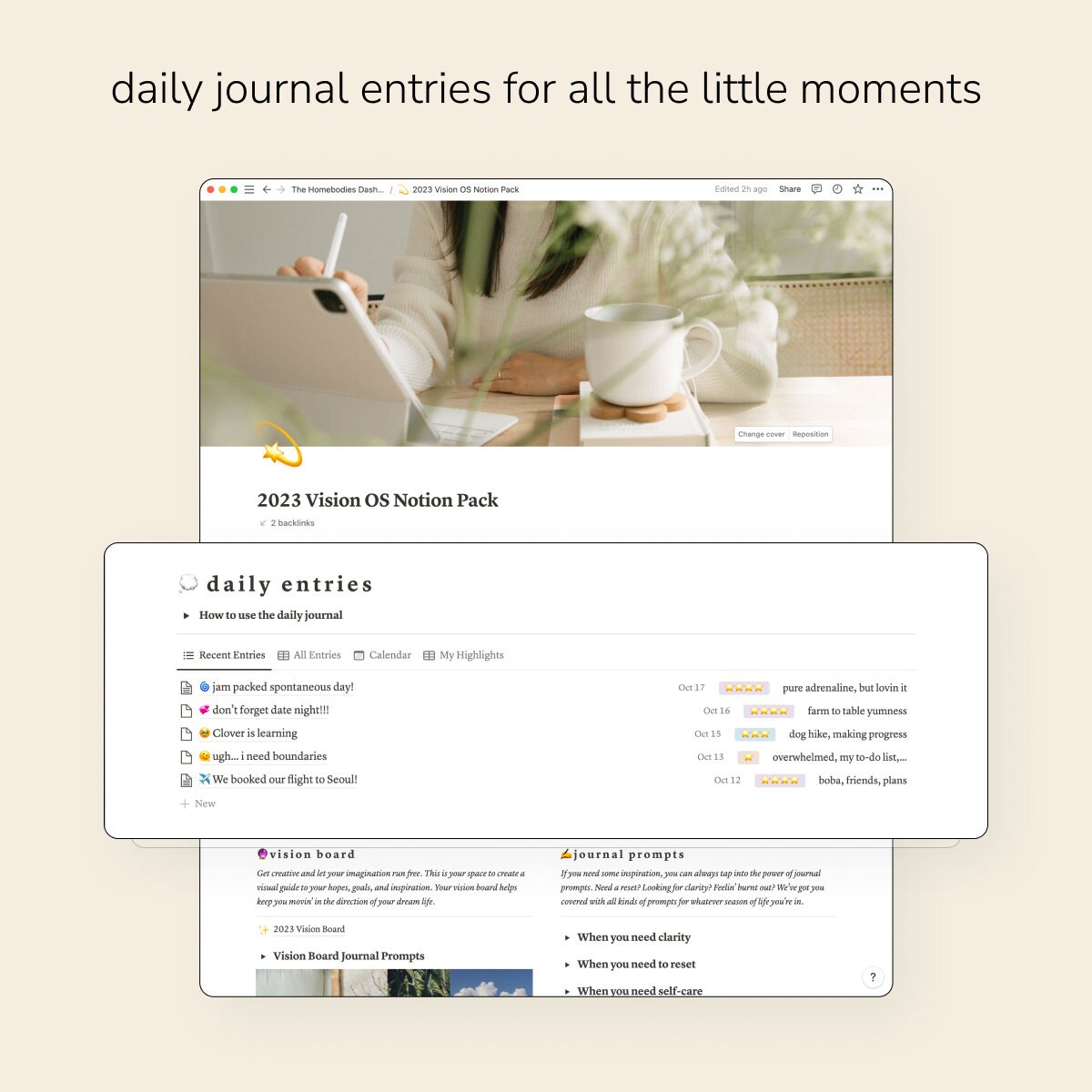 Daily Journal Notion Template Pack, Digital Journal With Vision Boards ...