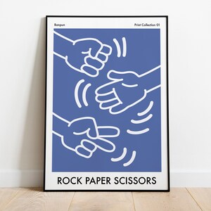Rock Paper Scissors Lineart Poster Retro Blue Wallart Entryway Pastel ...