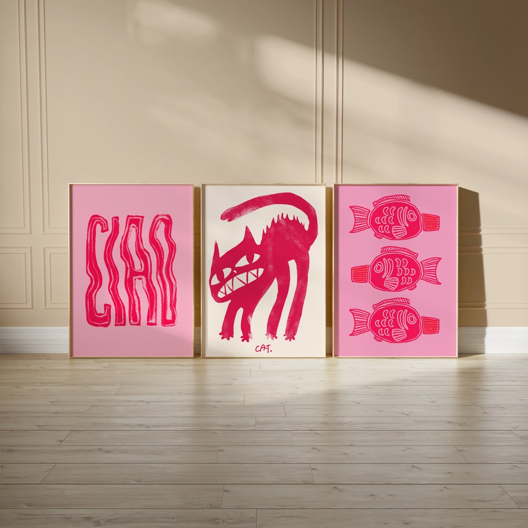 Pink Bundle Set of Posters Printable Art Ciao Cat Drawing Fish Sushi Soy Bootle Eclectic ...