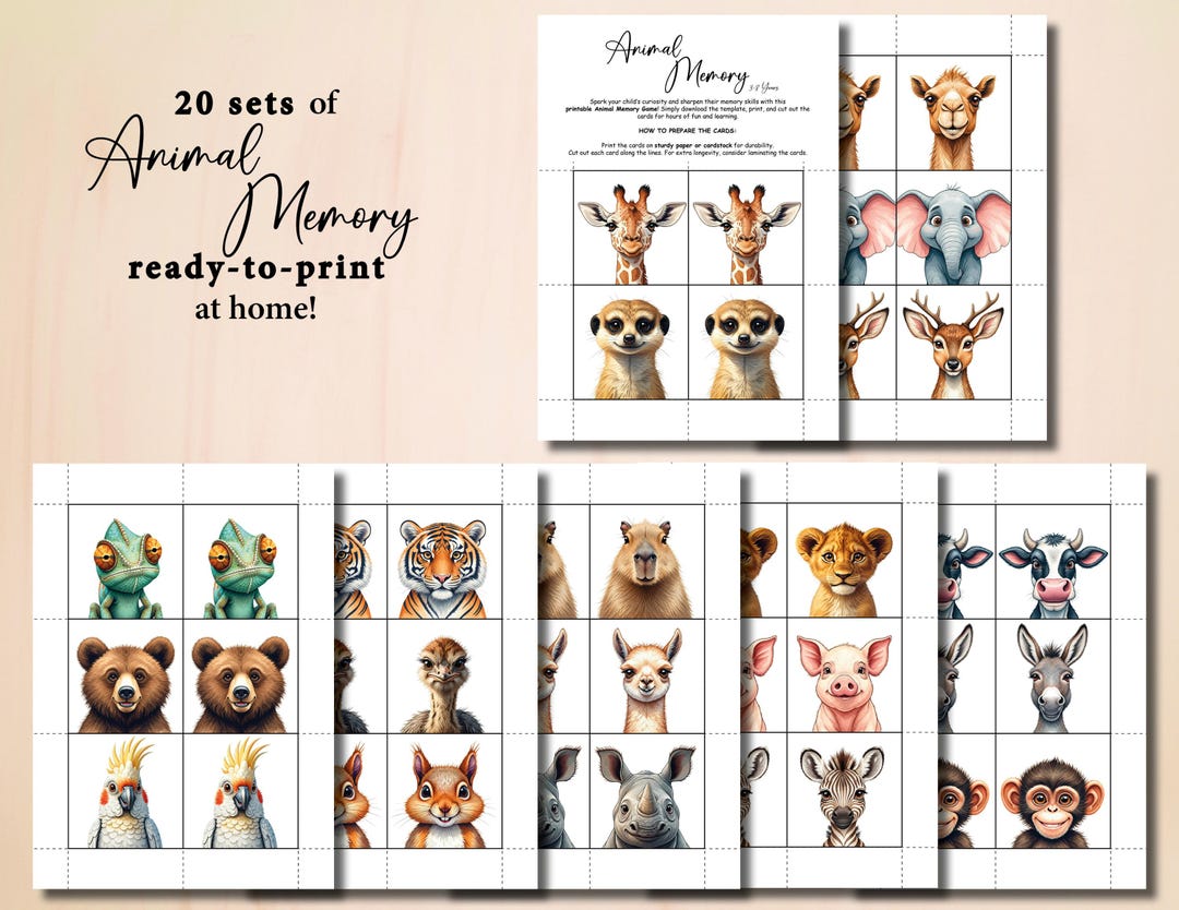 Animal Memory Game Ready to Print | Direct Download | Animal Memory to ...