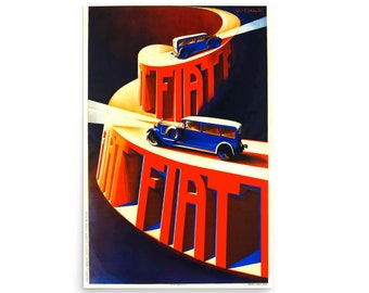 Vintage Fiat 525 Sedan Poster Advert, Art Deco Italian Advert Print for ...