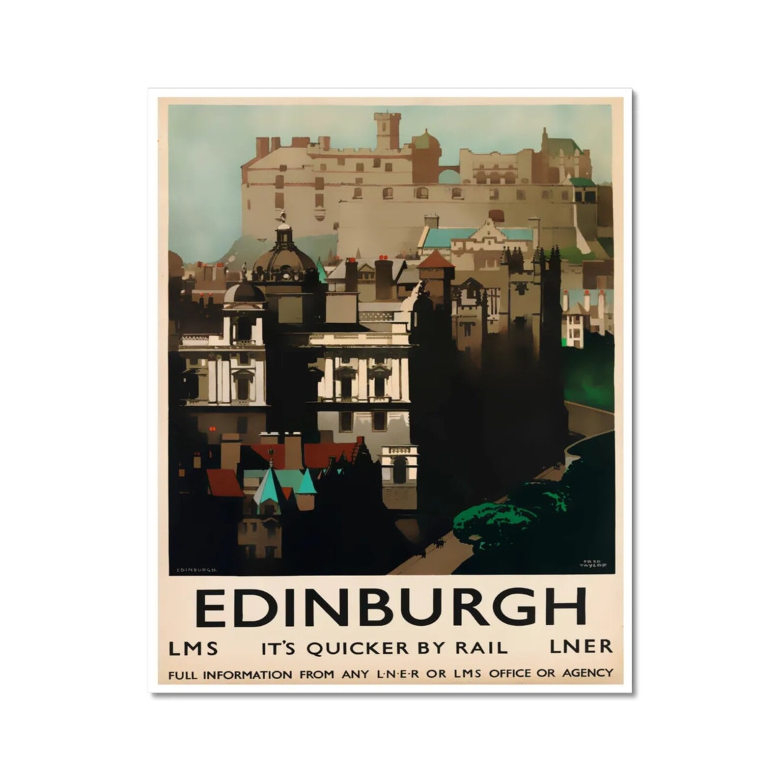 Edinburgh Vintage Poster, LMS, LNER Print, It's Quicker by Rail ...