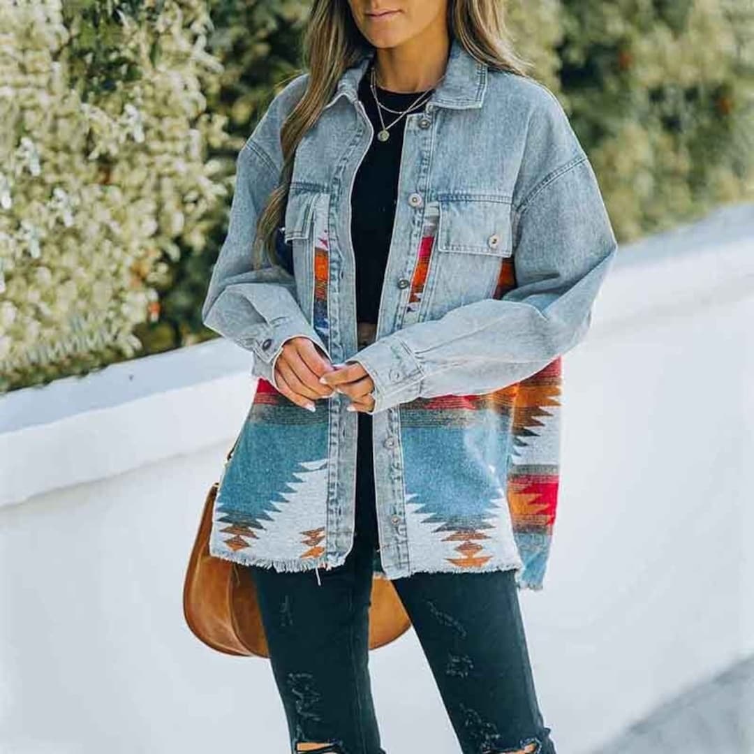 Women Aztec Denim Jacket Long Sleeve Patchwork Jean Coat - Etsy