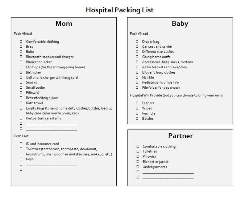 Hospital Bag Checklist Printable Birth Packing List Go Bag - Etsy