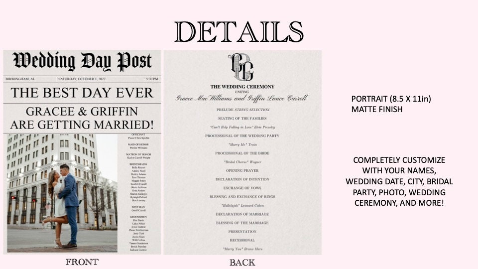 Printed WEDDING NEWSPAPER PROGRAM - Customizable - Printed and Shipped ...