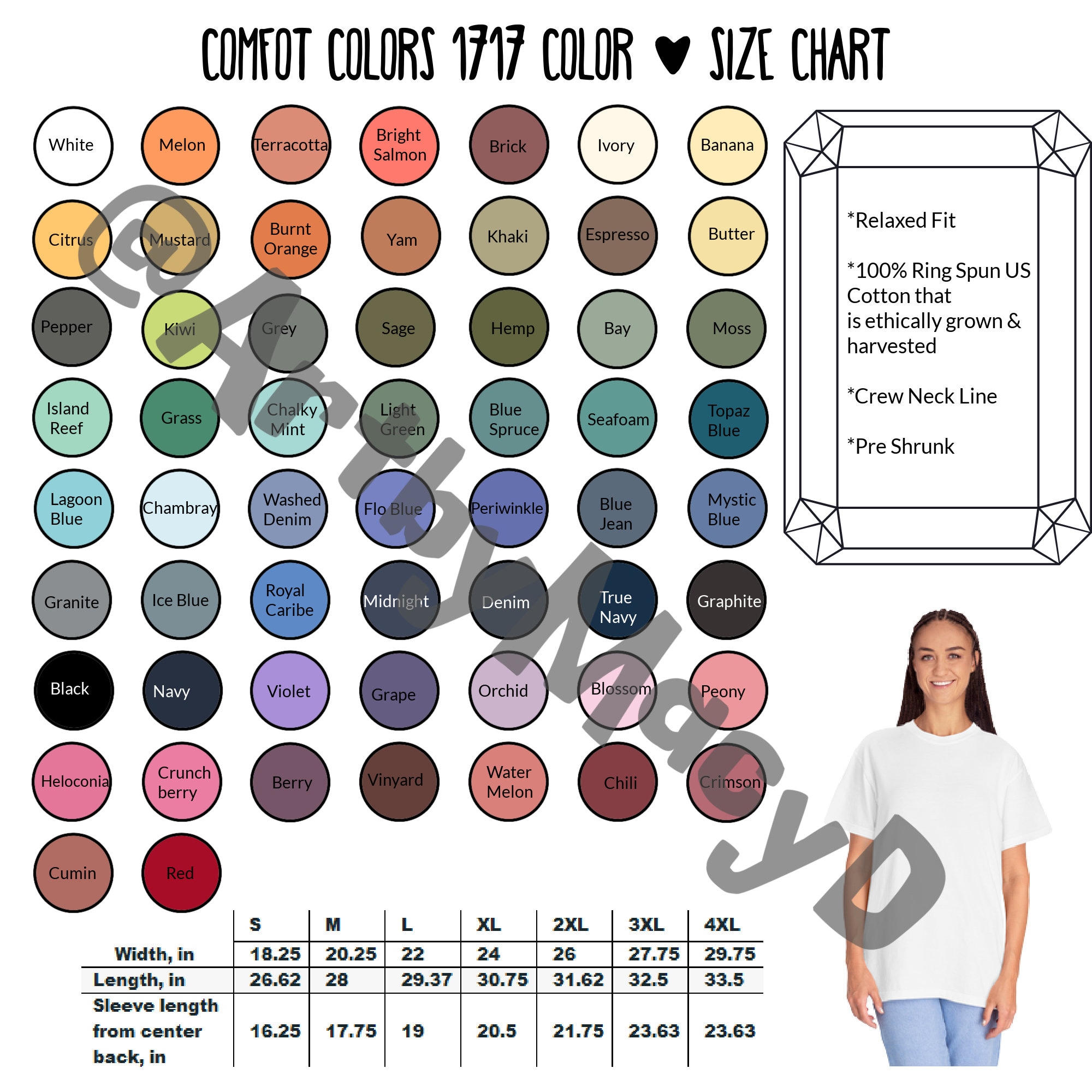 Comfort Colors 1717 Color Chart & Size Chart - Etsy