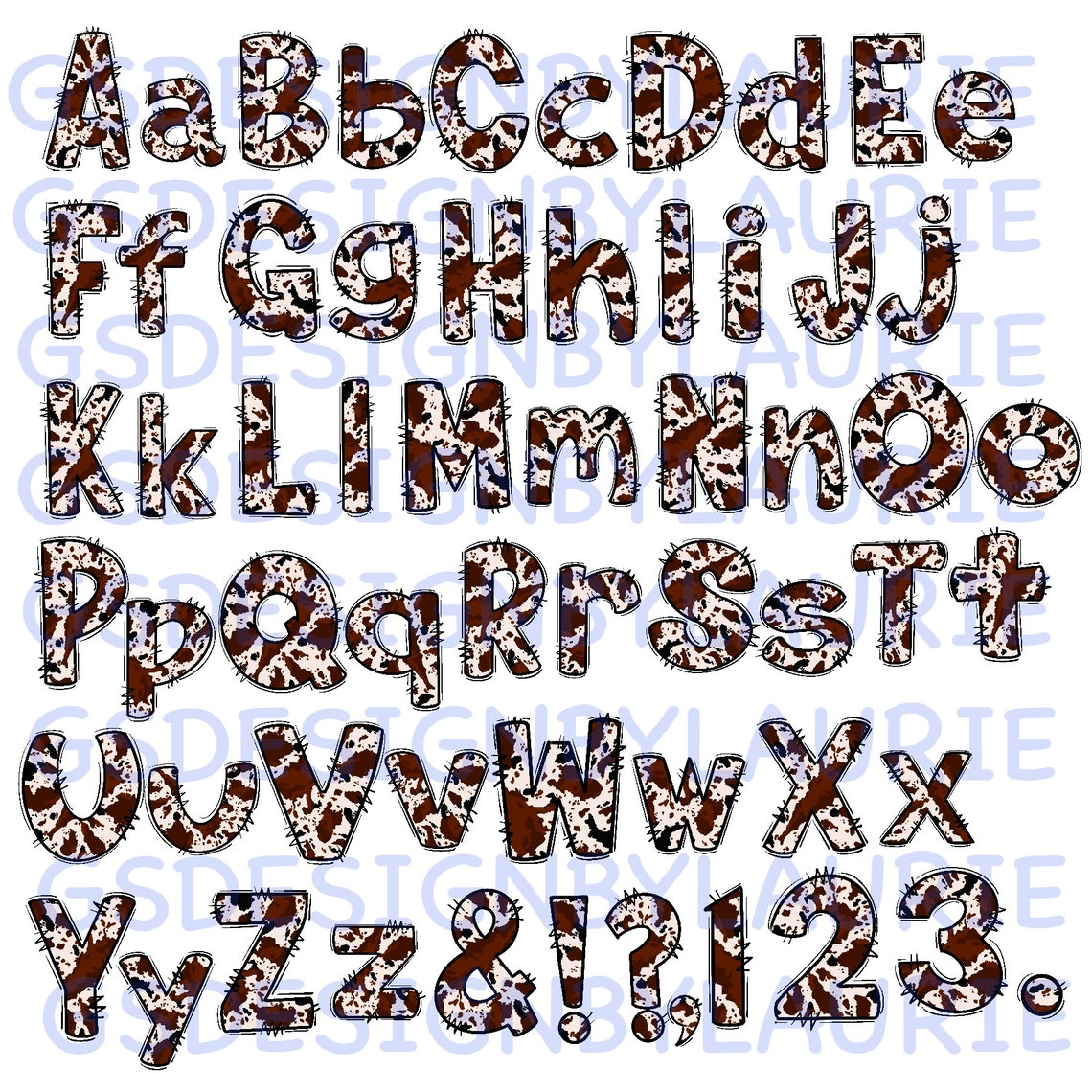 Cowhide Doodle Font, Cow Print Doodle Font Png, Doodle Letters, Cow ...