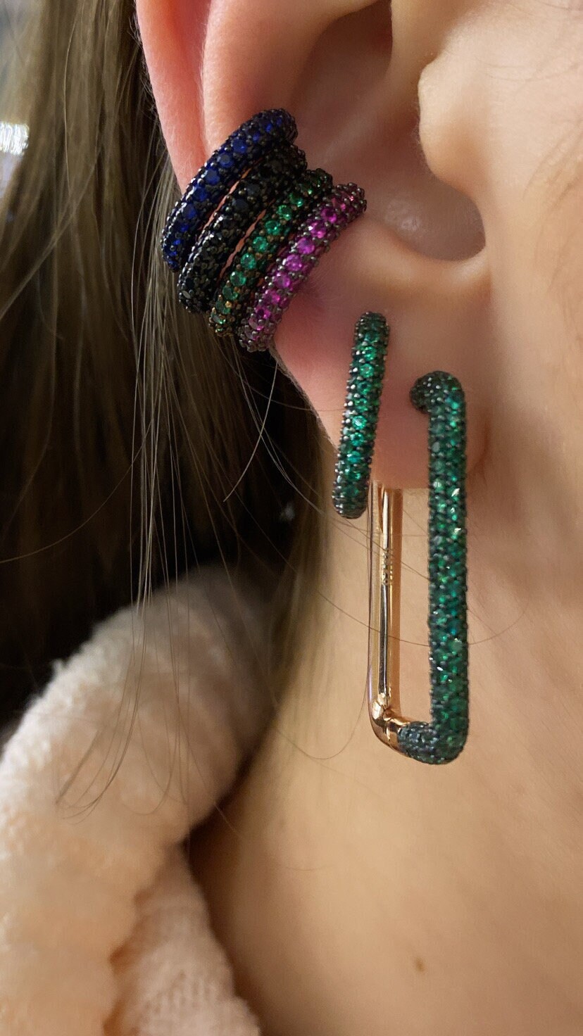 Cz Pave Ear Cuff Green Stone Ear Cuff Dainty Pave CZ Navy Blue Stone ...
