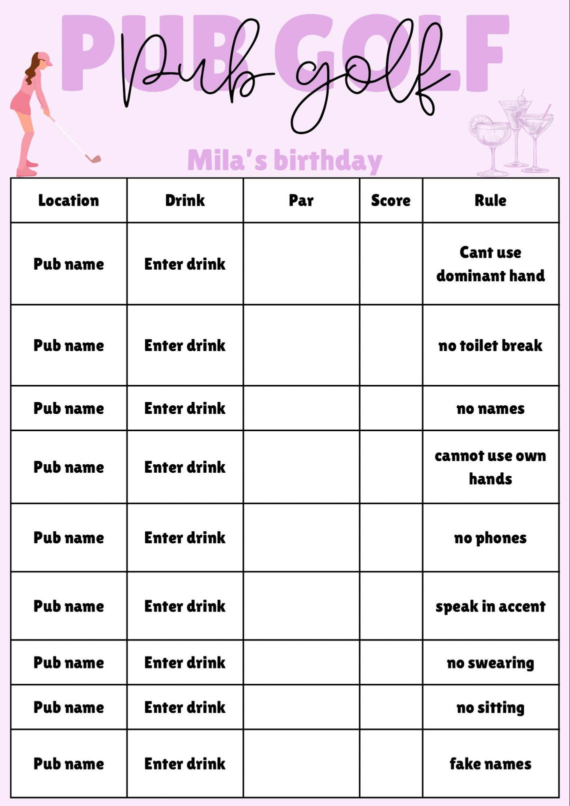 Girls Pub Golf Scorecard & Forfeit Cards | Hen Party Drinking Game ...