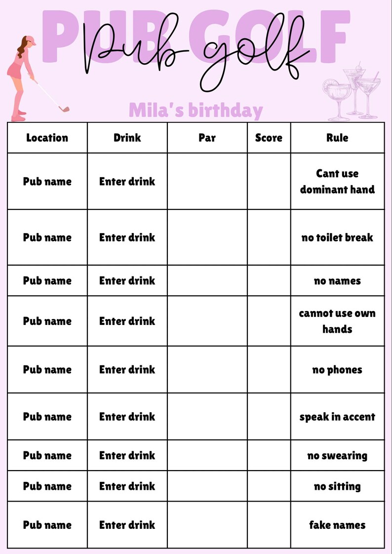 Girls Pub Golf Scorecard & Forfeit Cards | Hen Party Drinking Game ...