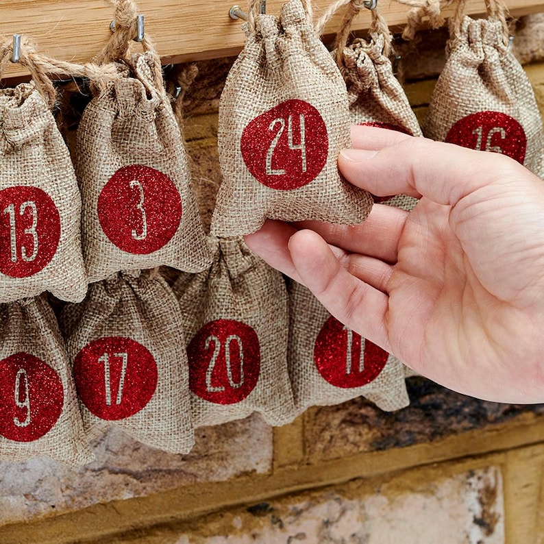 Modern Advent Hessian Sacks With Red Glitter Numbers, Countdown ...