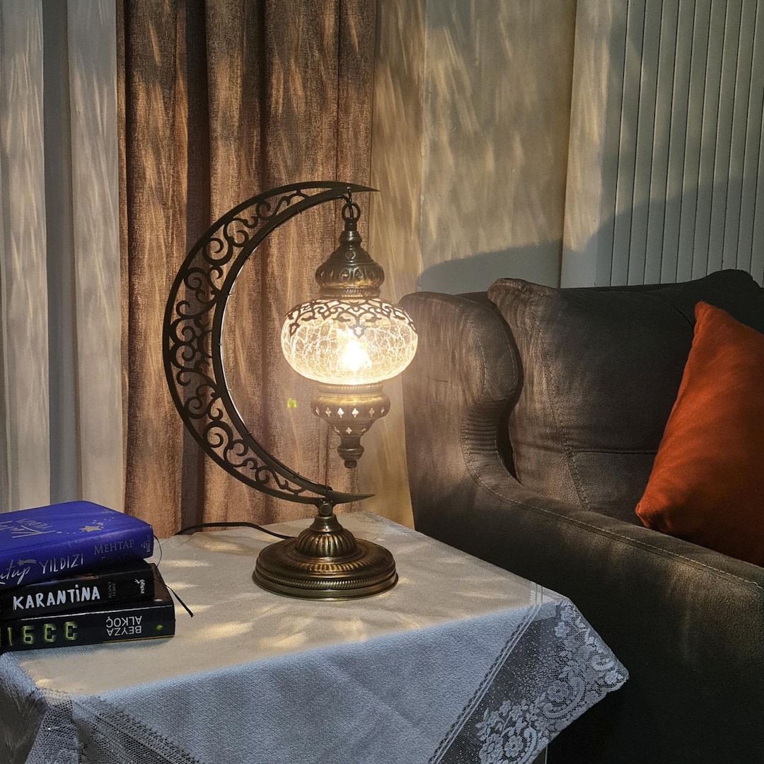 Vintage Turkish Moon Table Lamp With Cracked Glass - Exquisite Moroccan ...