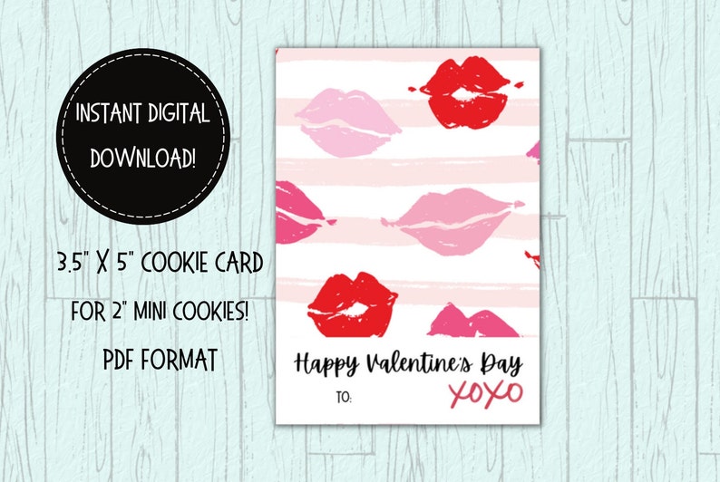 Valentines Printable Cookie Card 3.5" X 5" - Valentine Kisses ...