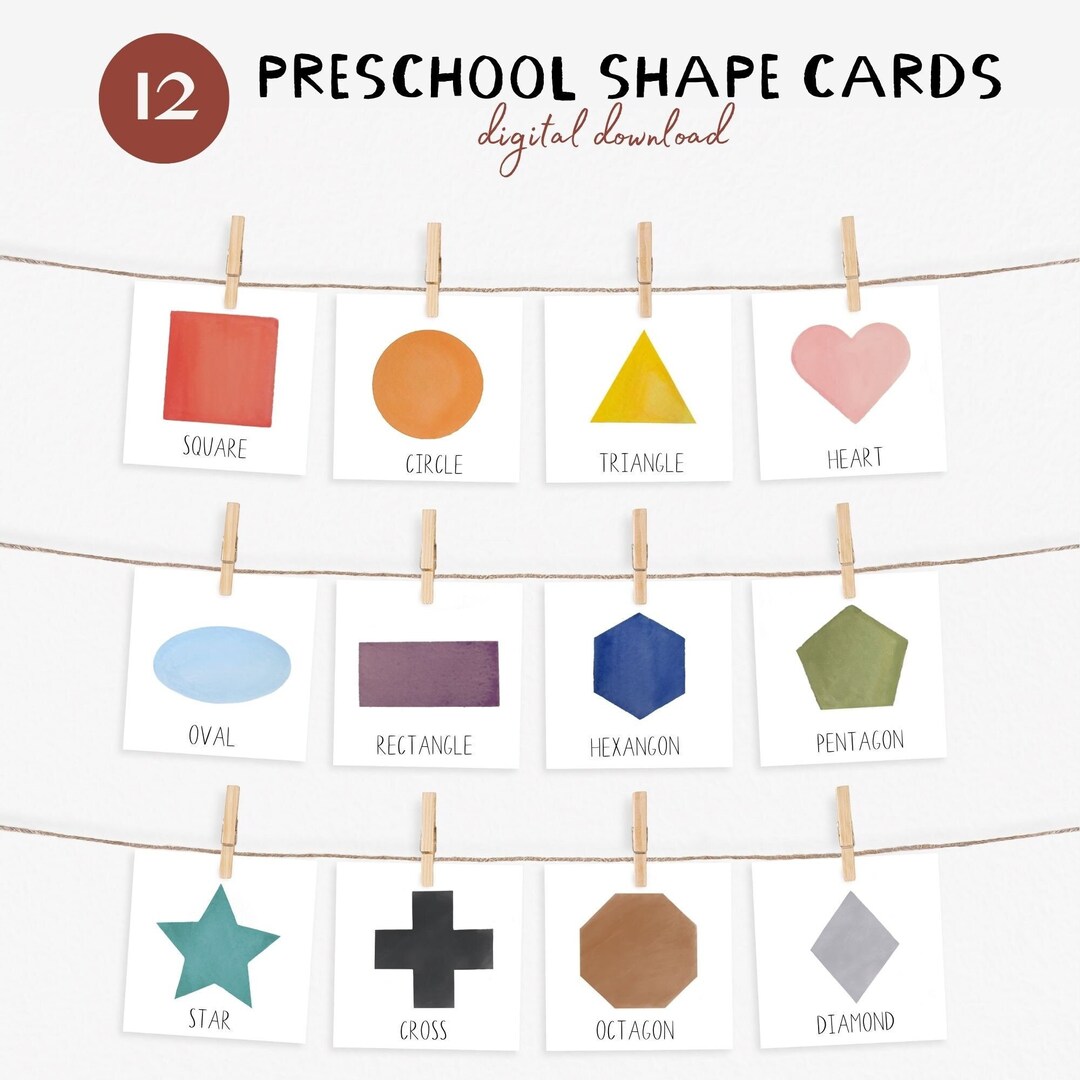 Preschool Shapes Flashcards Set, 12 Rainbow Watercolor Learning Cards ...