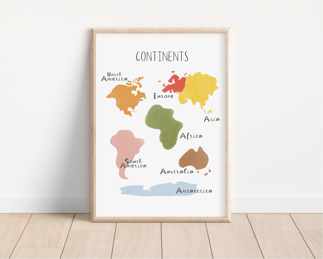 Kids Continents Poster, Montessori Colored Continent Map, Educational ...