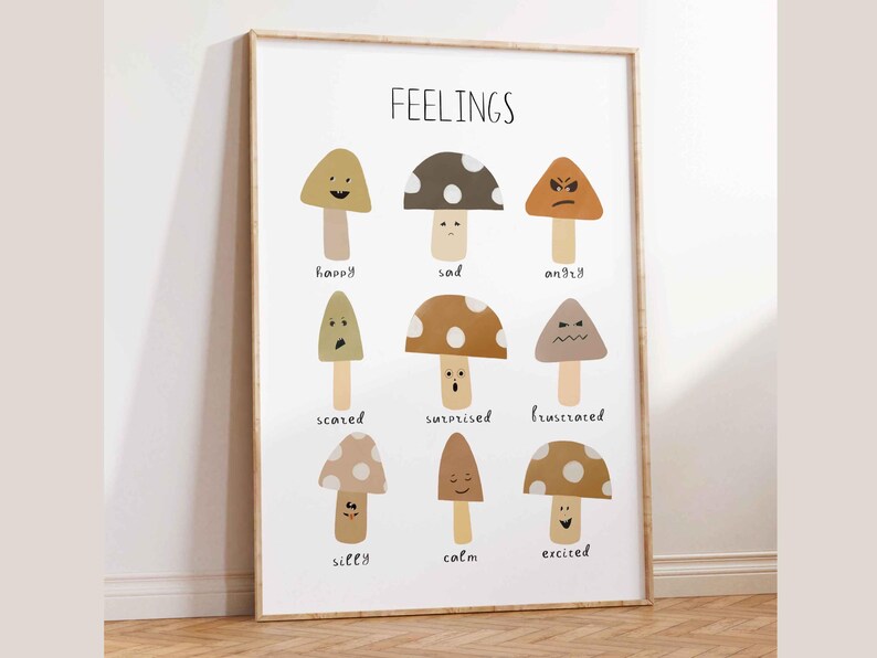 Neutral Kids Feelings Chart, Mushroom Wall Art, Emotions Poster ...
