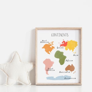Kids Continents Poster, Montessori Colored Continent Map, Educational ...