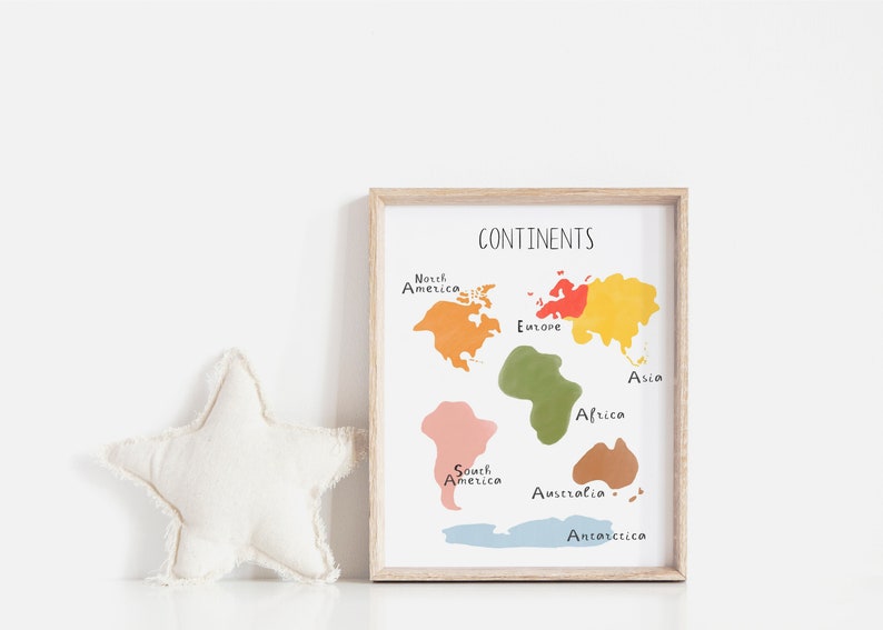 Kids Continents Poster, Montessori Colored Continent Map, Educational ...