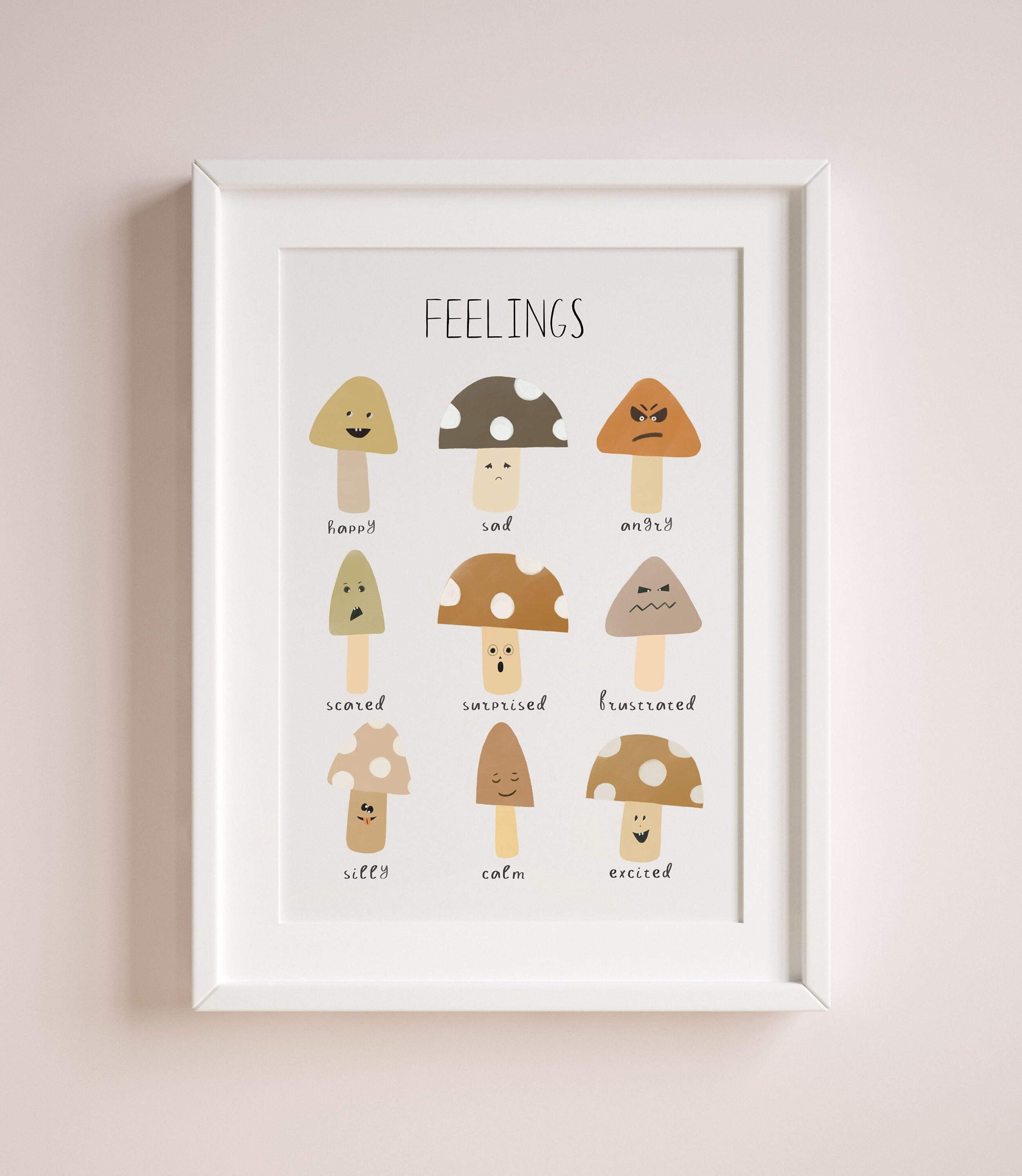 Neutral Kids Feelings Chart, Mushroom Wall Art, Emotions Poster ...