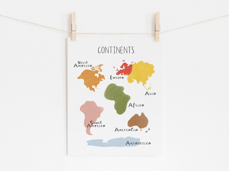 Kids Continents Poster, Montessori Colored Continent Map, Educational ...