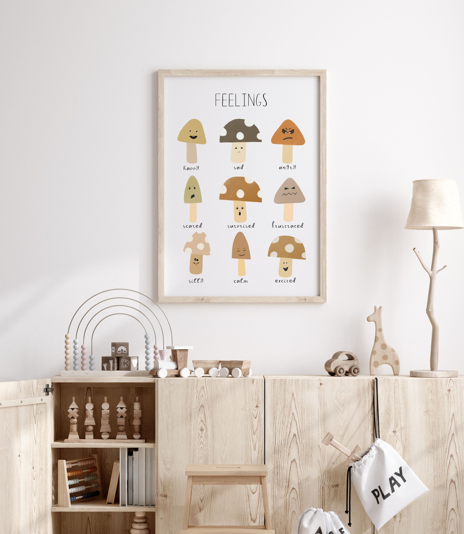 Neutral Kids Feelings Chart, Mushroom Wall Art, Emotions Poster ...