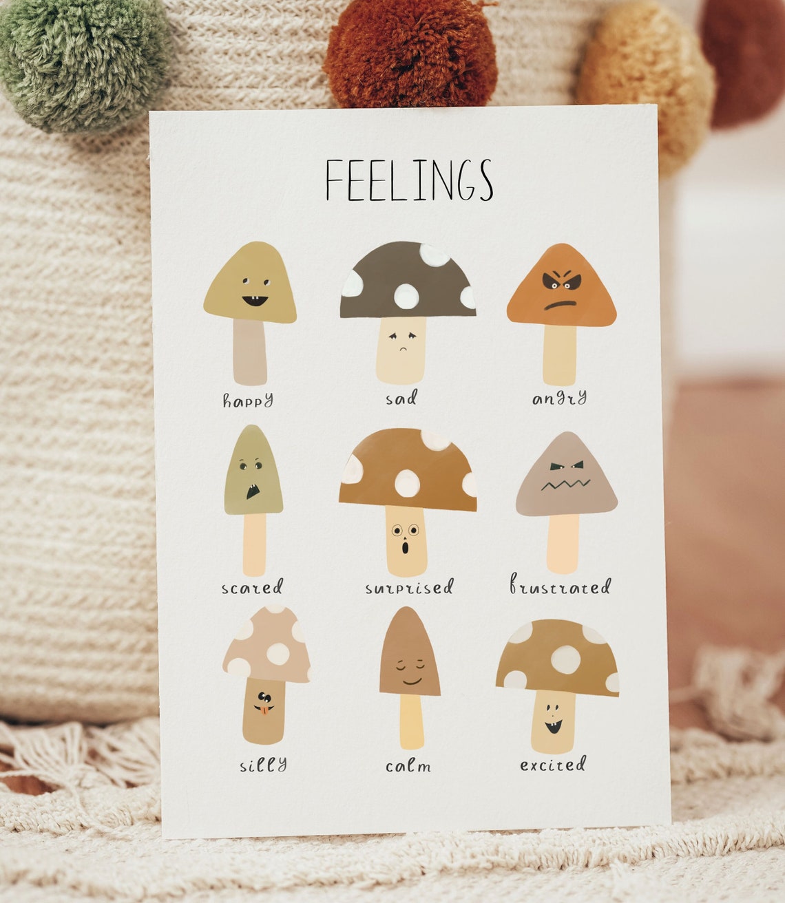 Neutral Kids Feelings Chart, Mushroom Wall Art, Emotions Poster ...