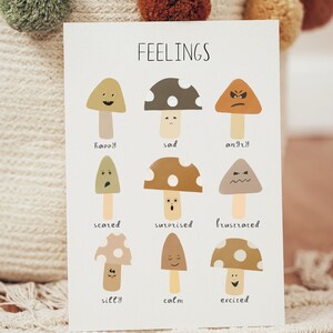 Neutral Kids Feelings Chart, Mushroom Wall Art, Emotions Poster ...