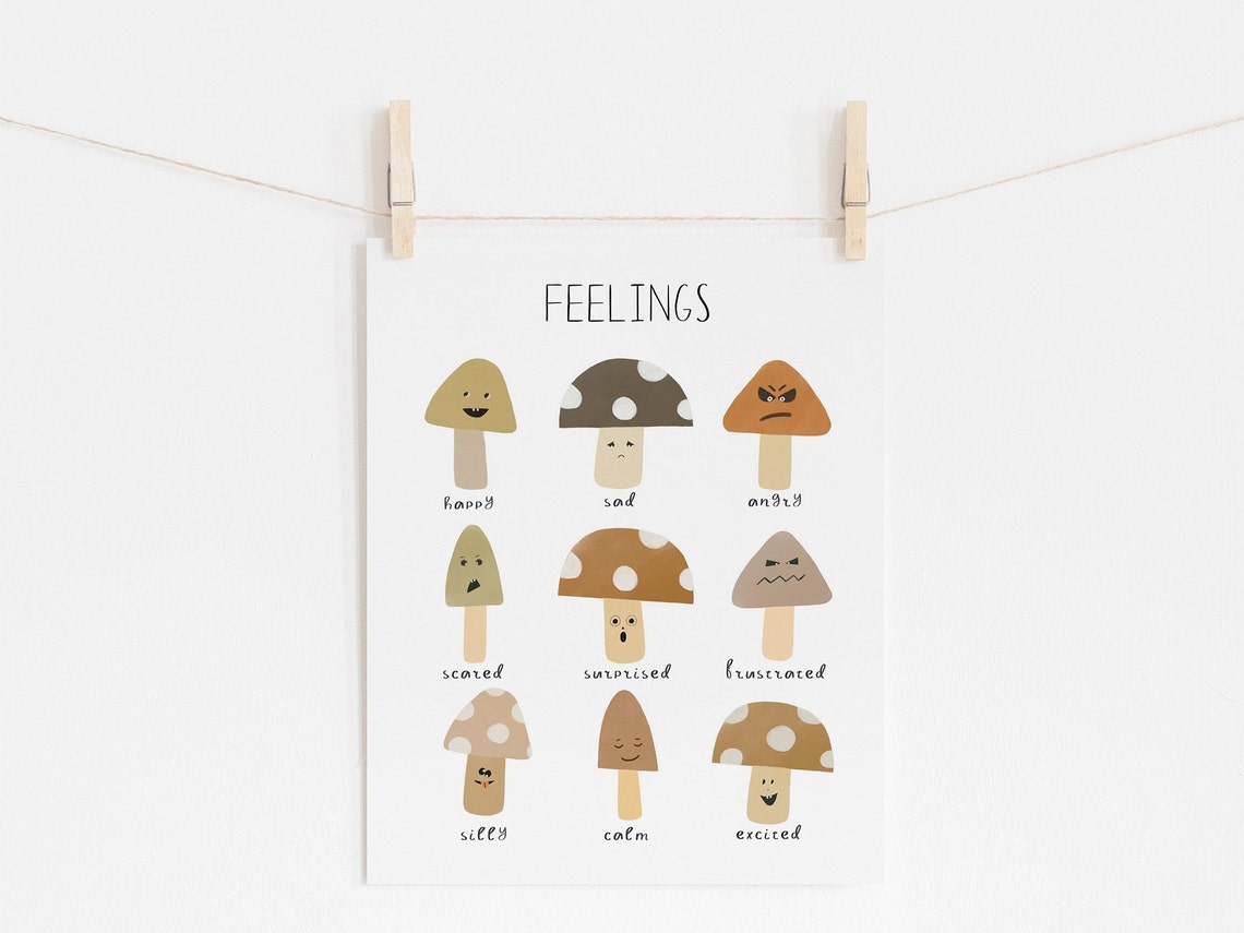 Neutral Kids Feelings Chart, Mushroom Wall Art, Emotions Poster ...