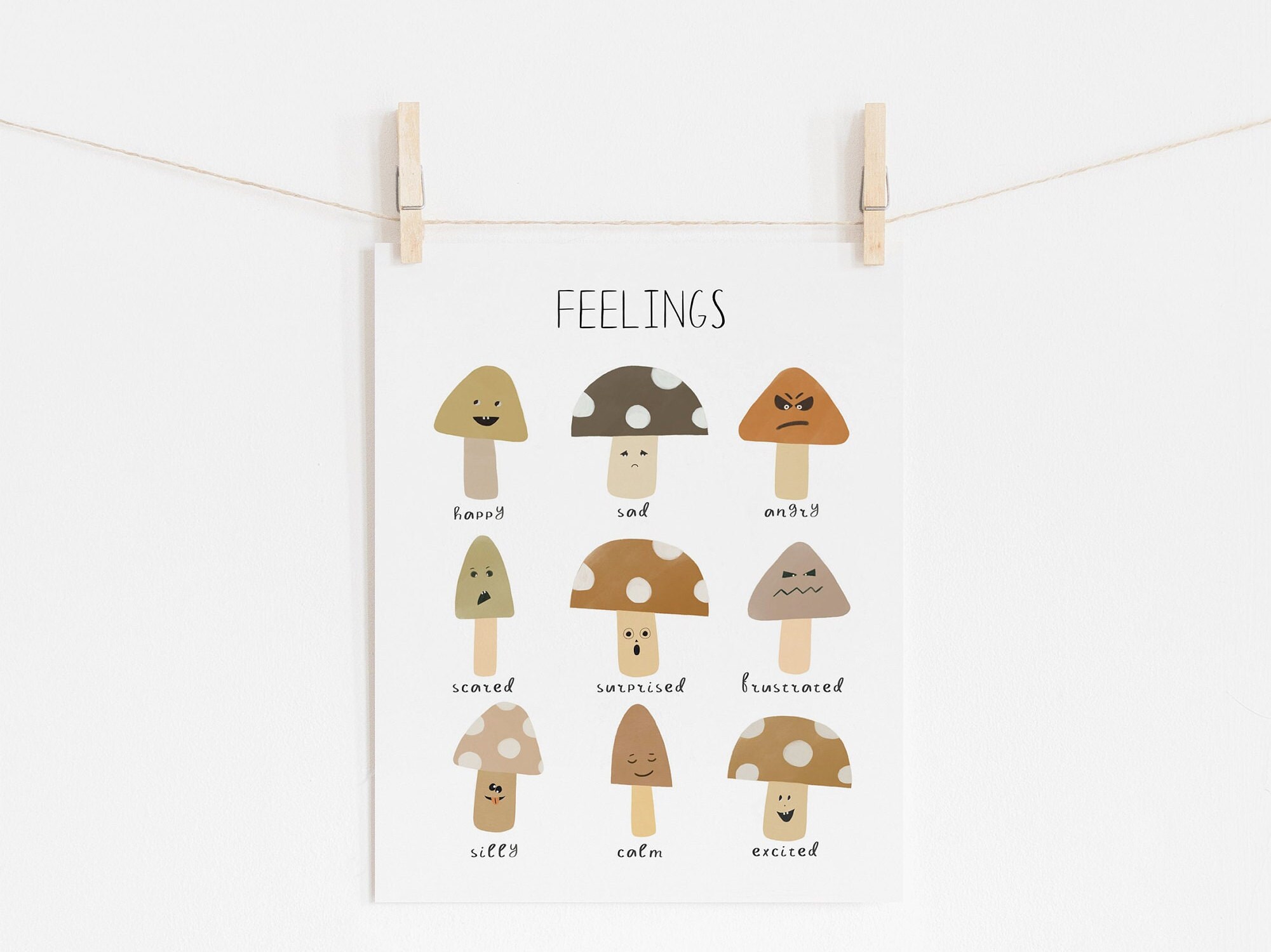 Neutral Kids Feelings Chart, Mushroom Wall Art, Emotions Poster ...