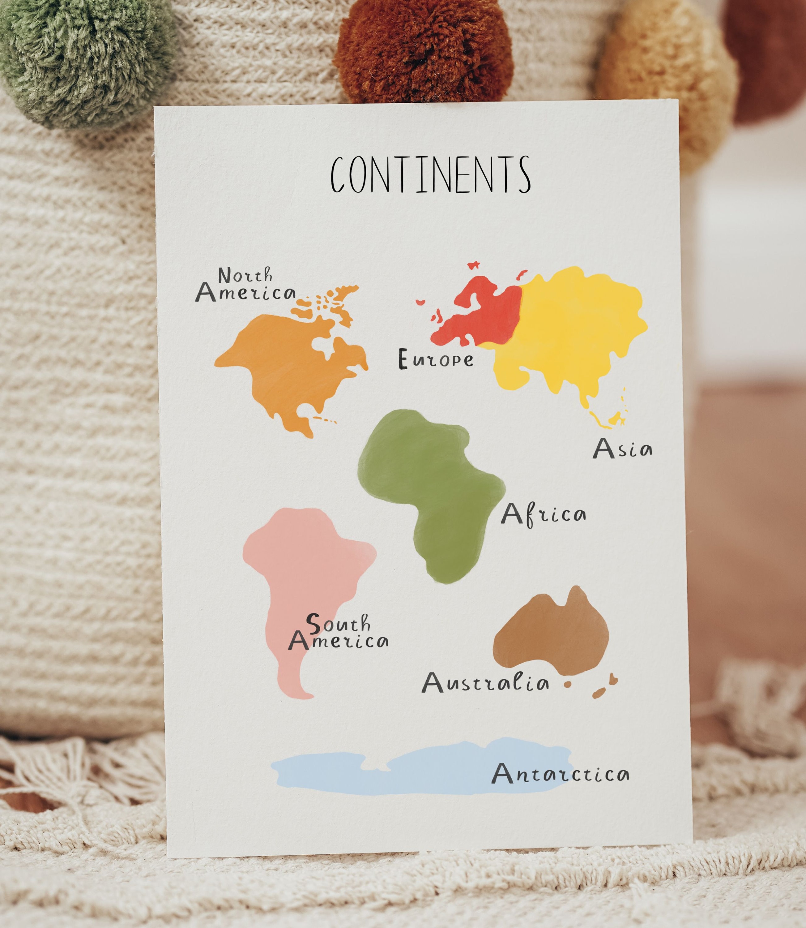 Kids Continents Poster, Montessori Colored Continent Map, Educational ...