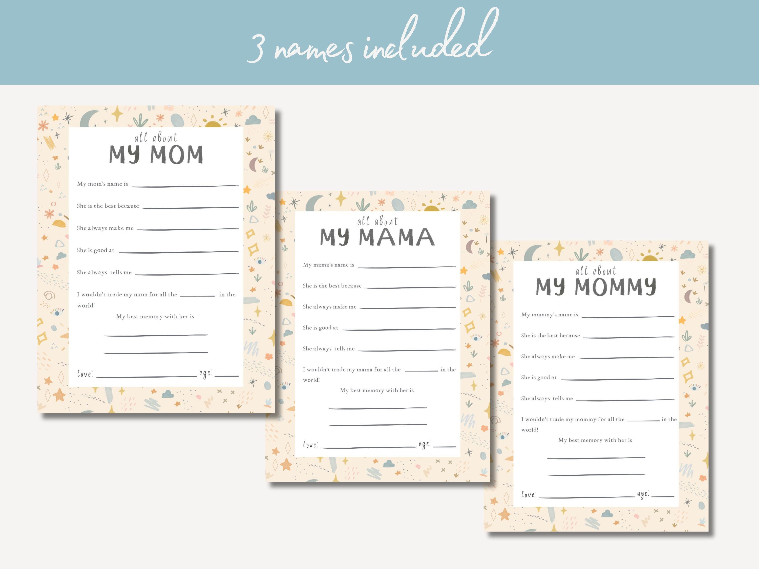 All About My Mom, Mothers Day Gift, Mothers Day Card Printable, All ...
