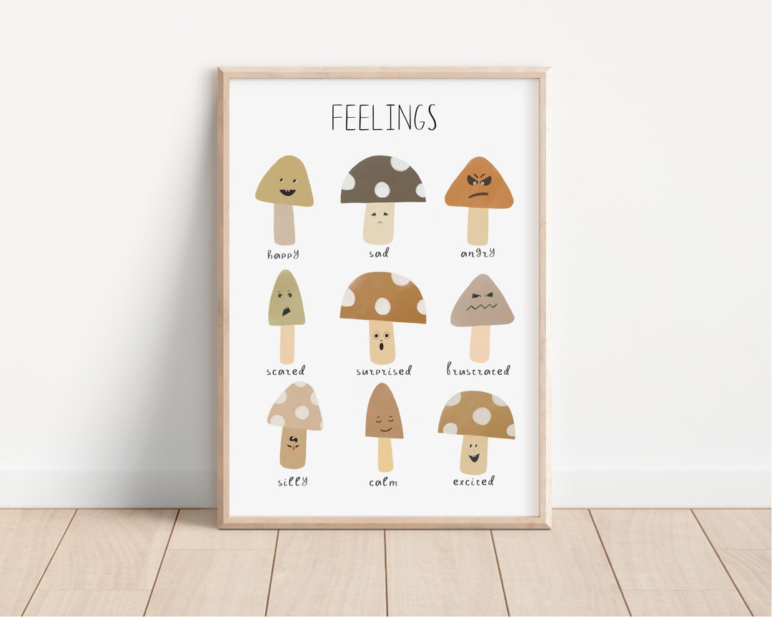 Neutral Kids Feelings Chart, Mushroom Wall Art, Emotions Poster ...