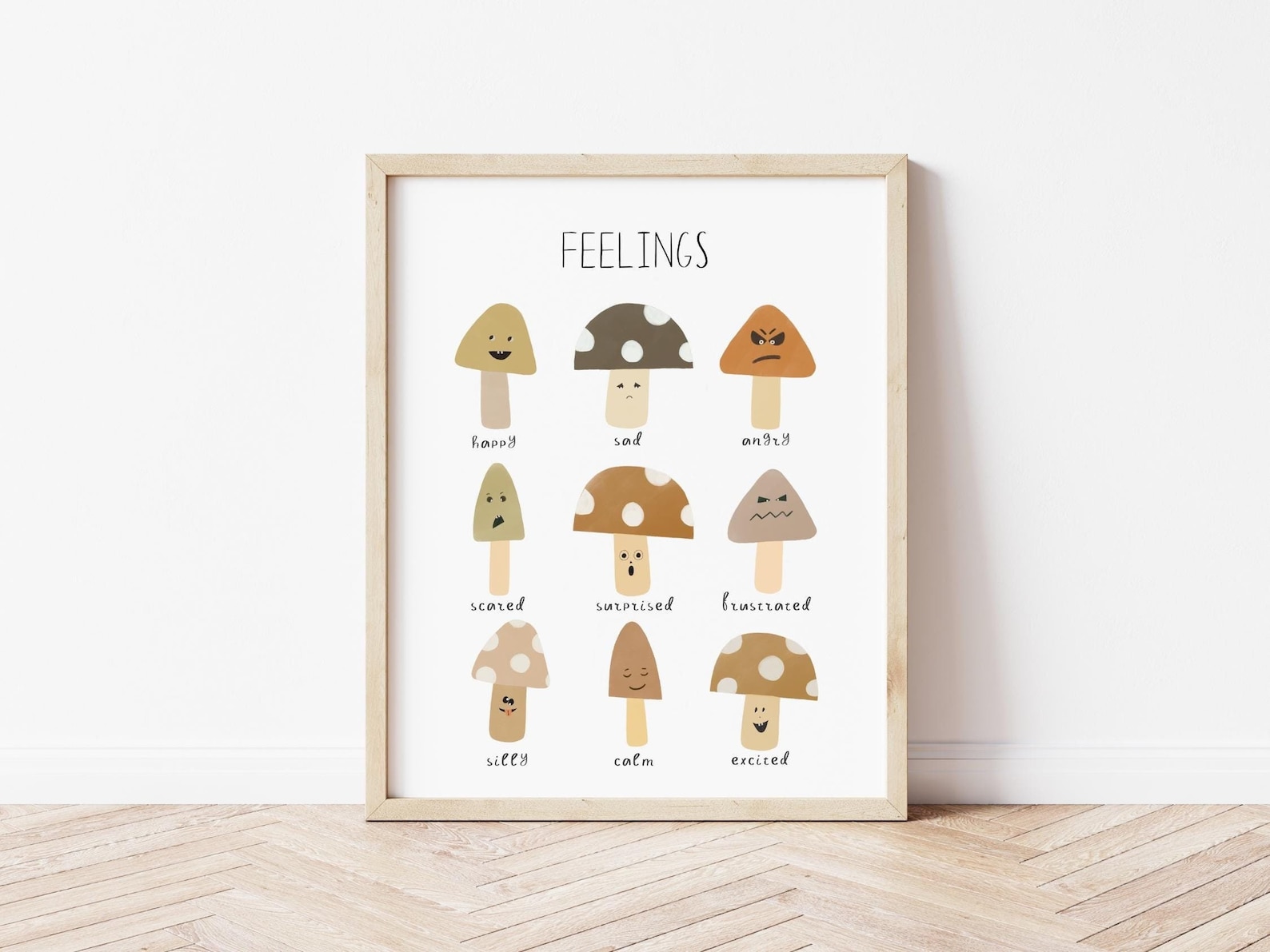 Neutral Kids Feelings Chart, Mushroom Wall Art, Emotions Poster ...