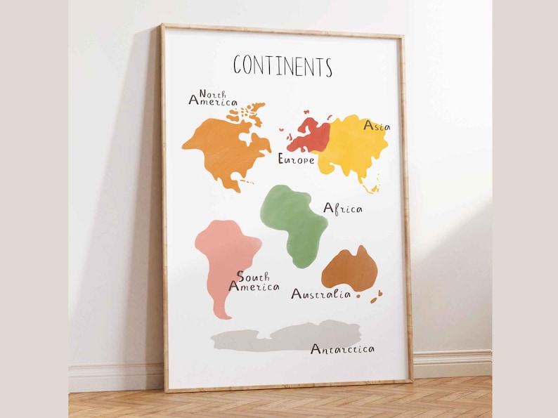 Kids Continents Poster, Montessori Colored Continent Map, Educational ...