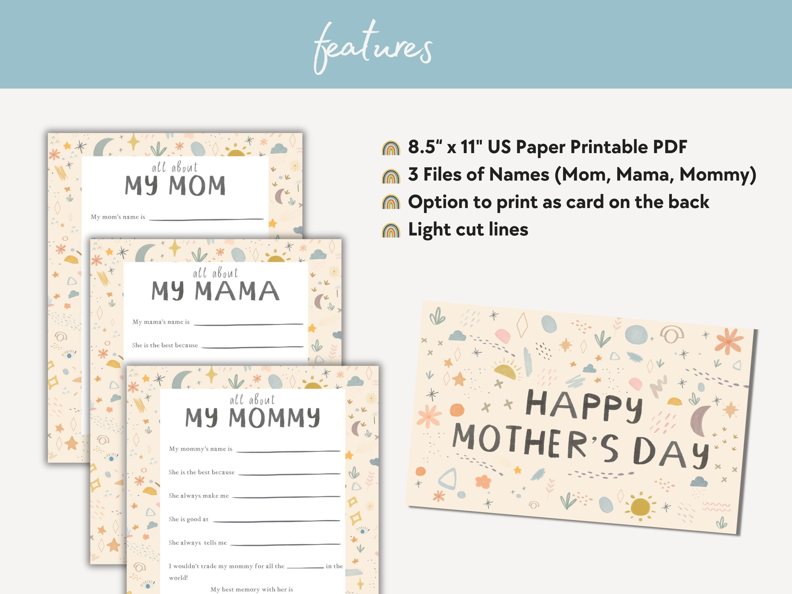 All About My Mom, Mothers Day Gift, Mothers Day Card Printable, All ...