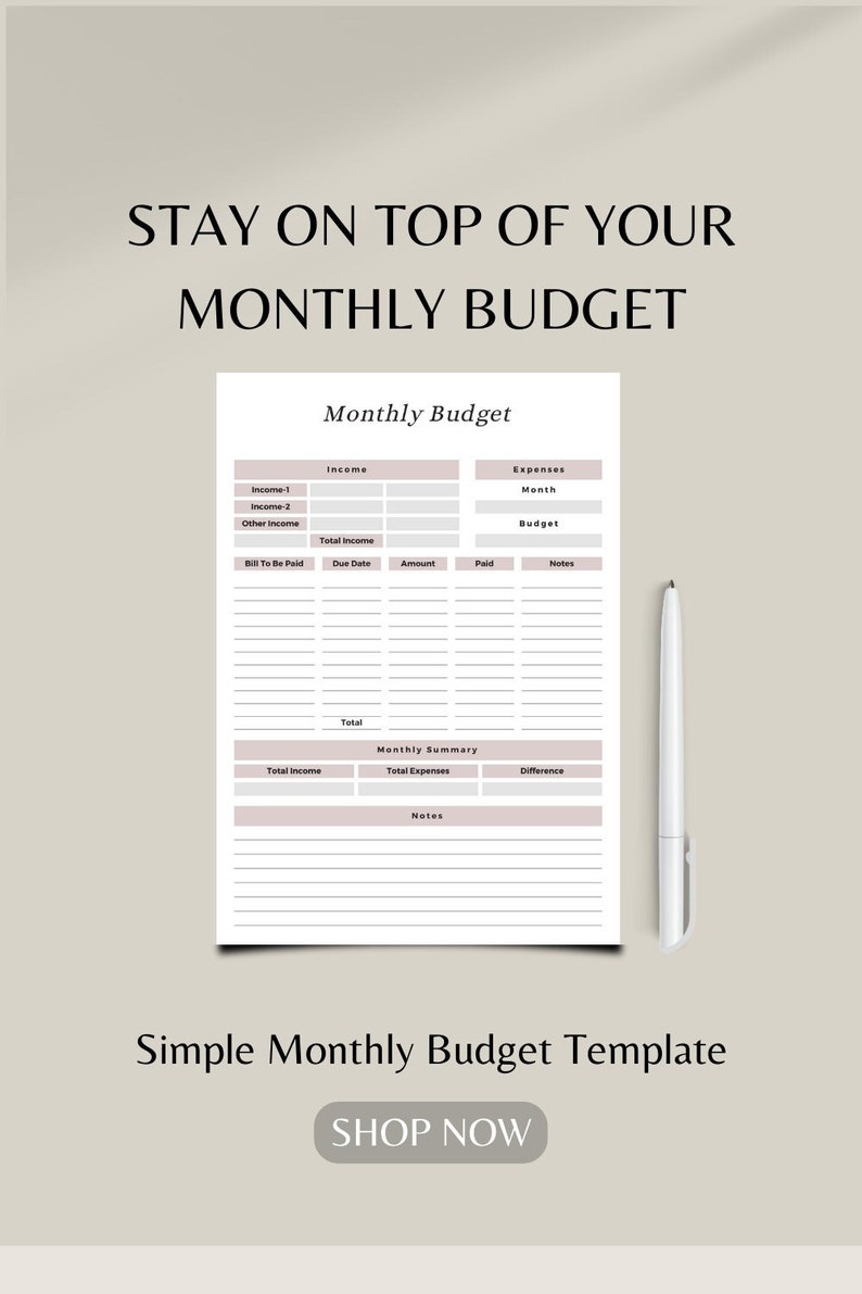 Simple Monthly Budget Template - Etsy