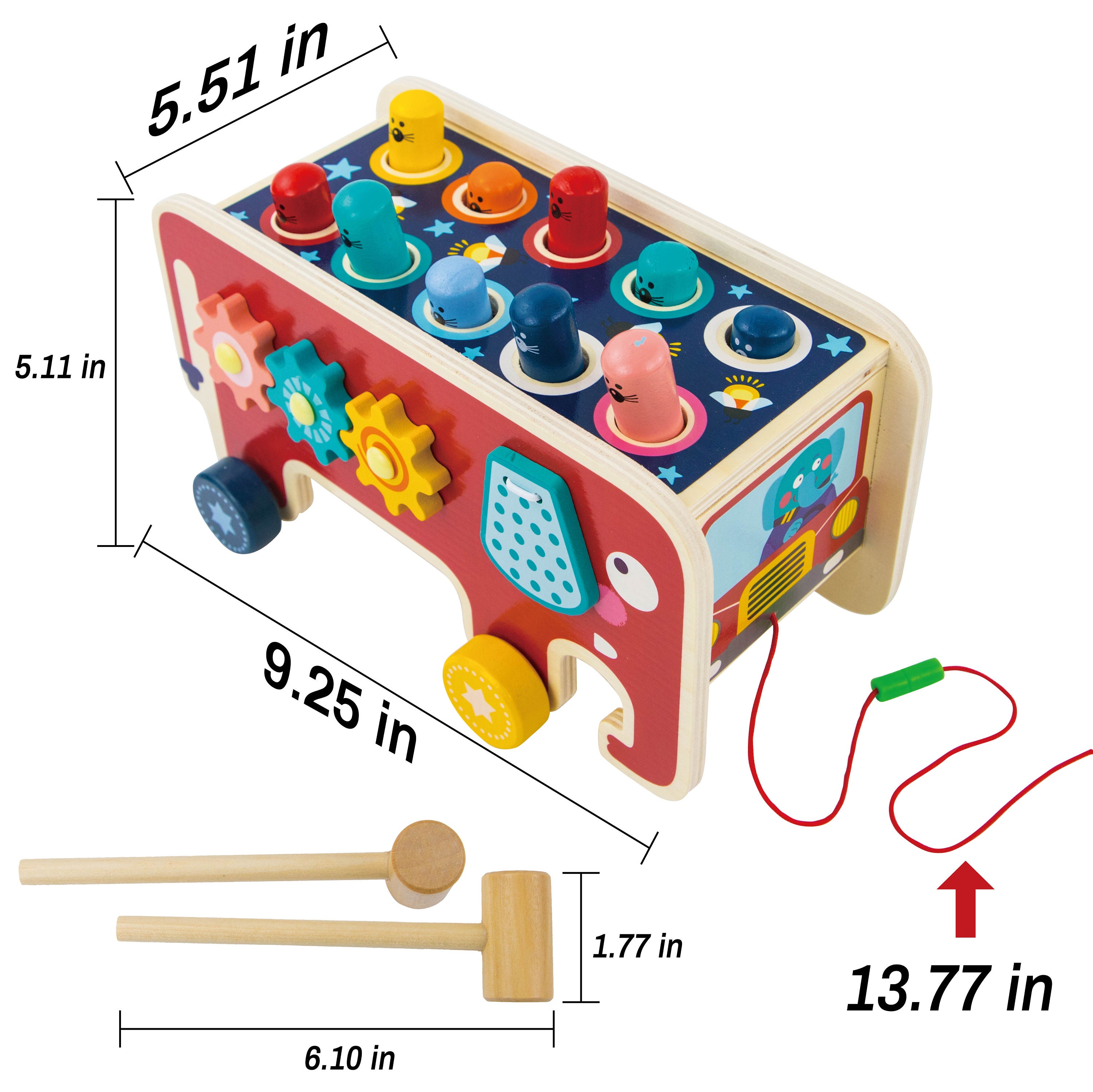 Wooden Knocker Toy, Elephant on Wheels, Game With Hammer, Pounding Toy ...