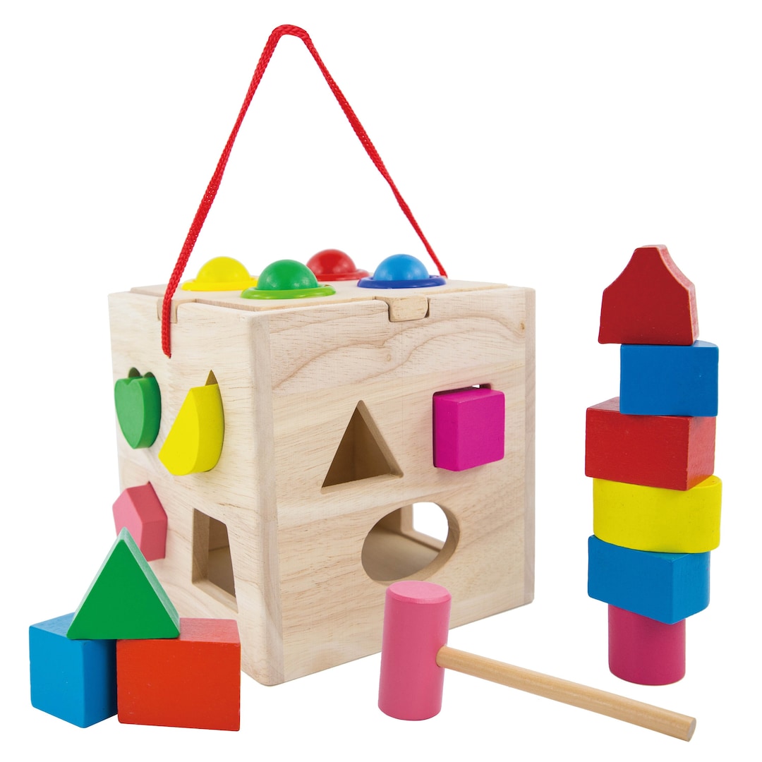 Wooden Shape Sorter, Activity Cube Box W/ Shapes and Blocks, Shape ...
