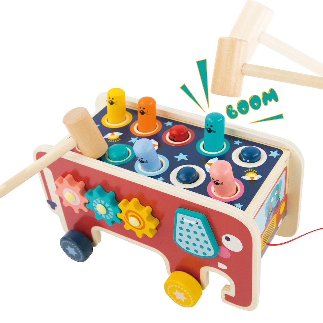 Wooden Knocker Toy, Elephant on Wheels, Game With Hammer, Pounding Toy ...