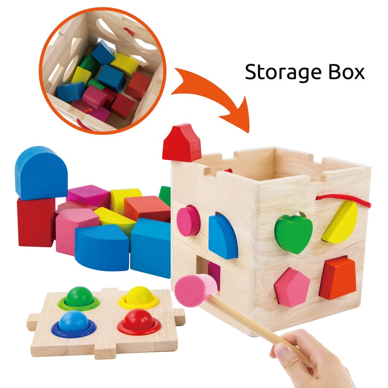 Wooden Shape Sorter, Activity Cube Box W/ Shapes and Blocks, Shape ...