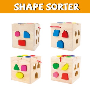 Wooden Shape Sorter, Activity Cube Box W/ Shapes and Blocks, Shape ...