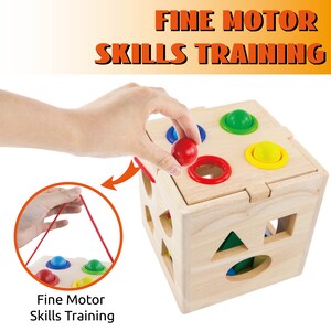 Wooden Shape Sorter, Activity Cube Box W/ Shapes and Blocks, Shape ...