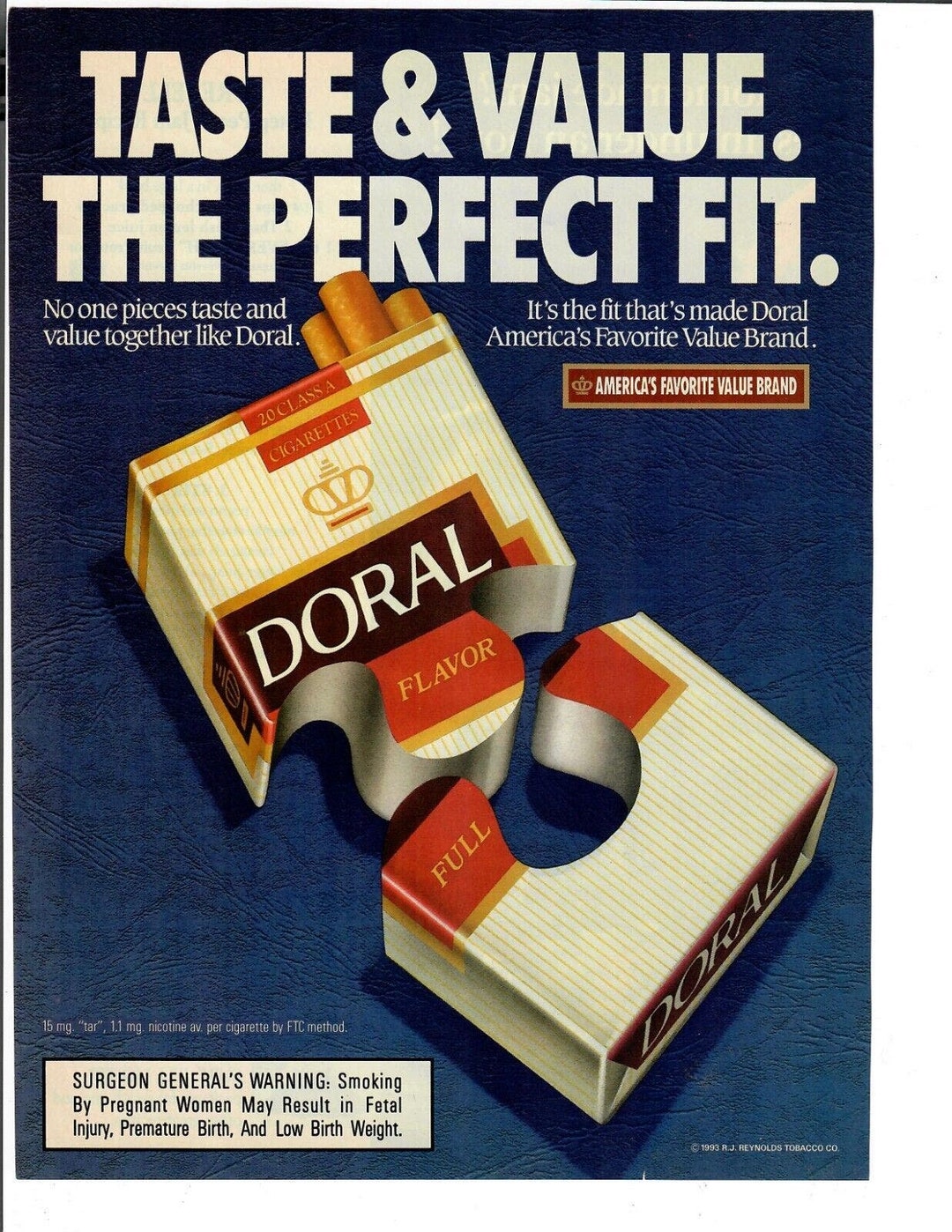 1993 Doral Magazine Print Ad Taste & Value Cigarette Tobacco ...