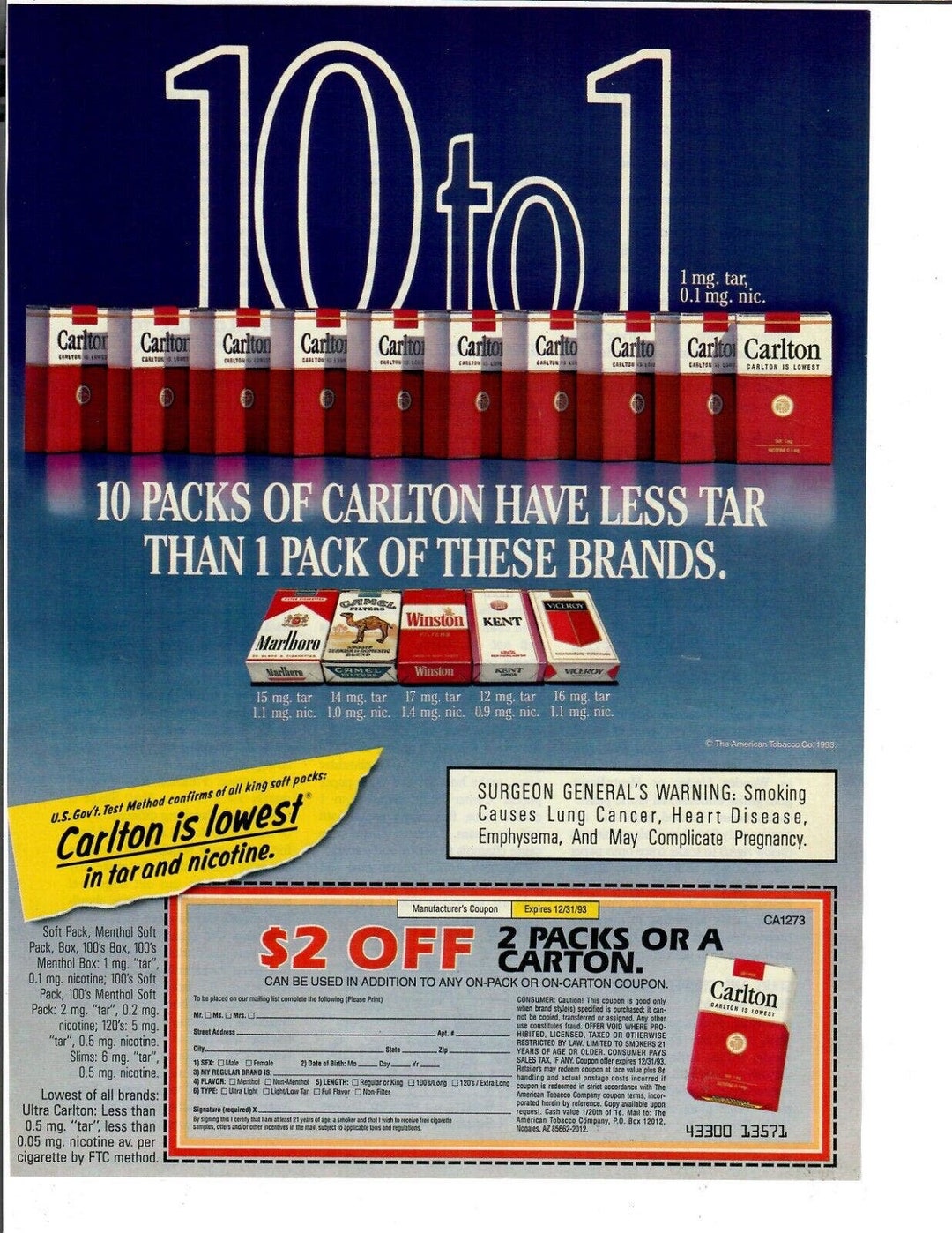 1993 Carlton Magazine Print Ad Less Tar Cigarette Tobacco Advertisement ...