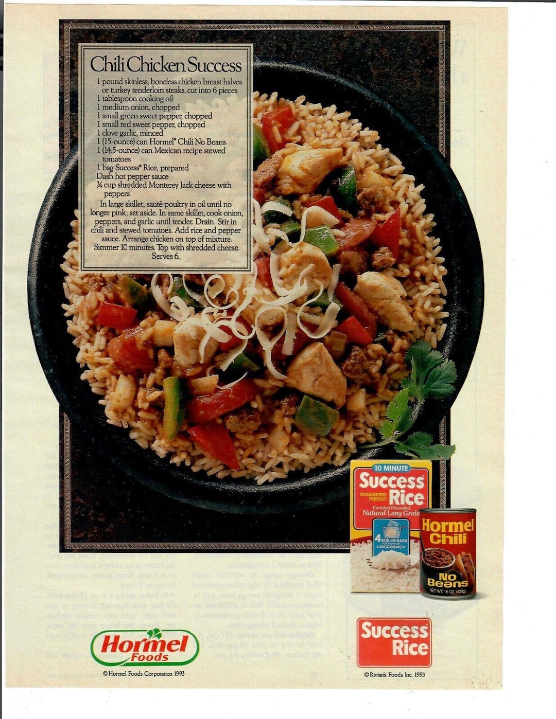 1993 Hormel Foods Magazine Print Ad Success Rice Chili Chicken Recipe ...