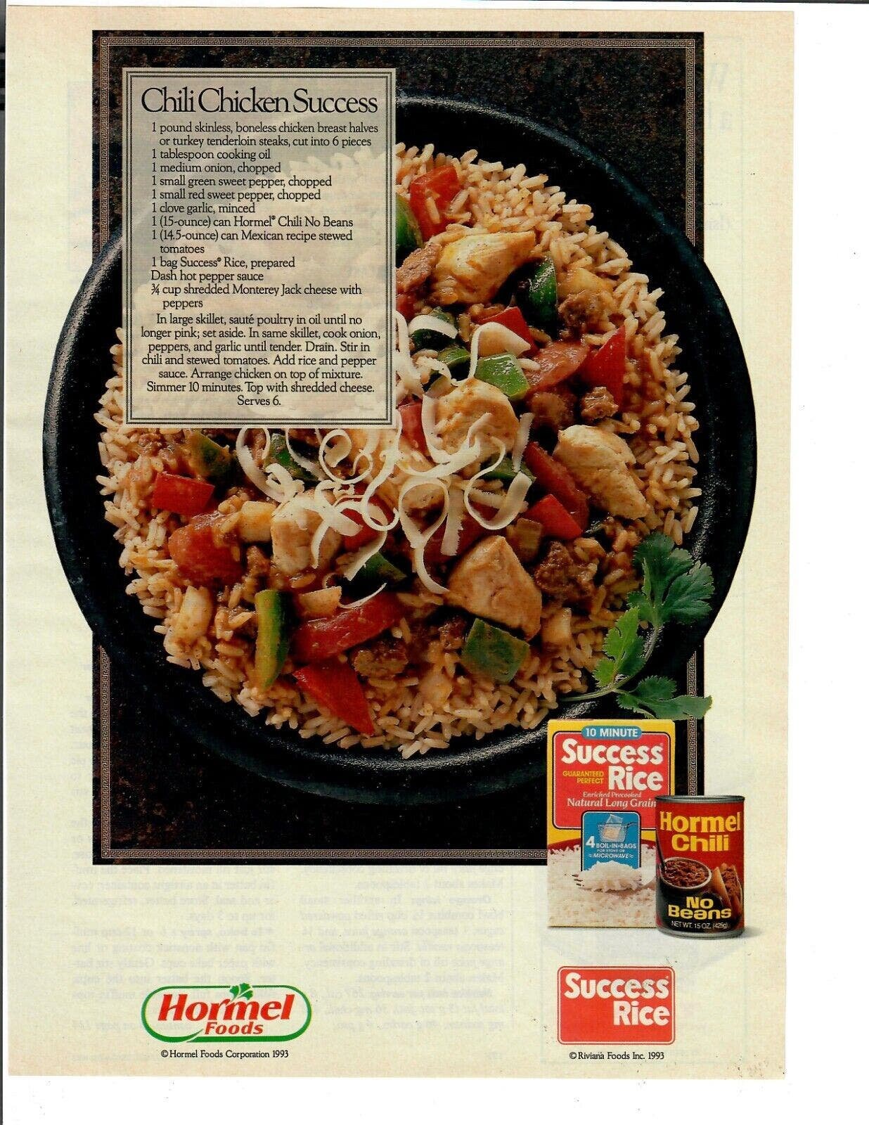 1993 Hormel Foods Magazine Print Ad Success Rice Chili Chicken Recipe ...