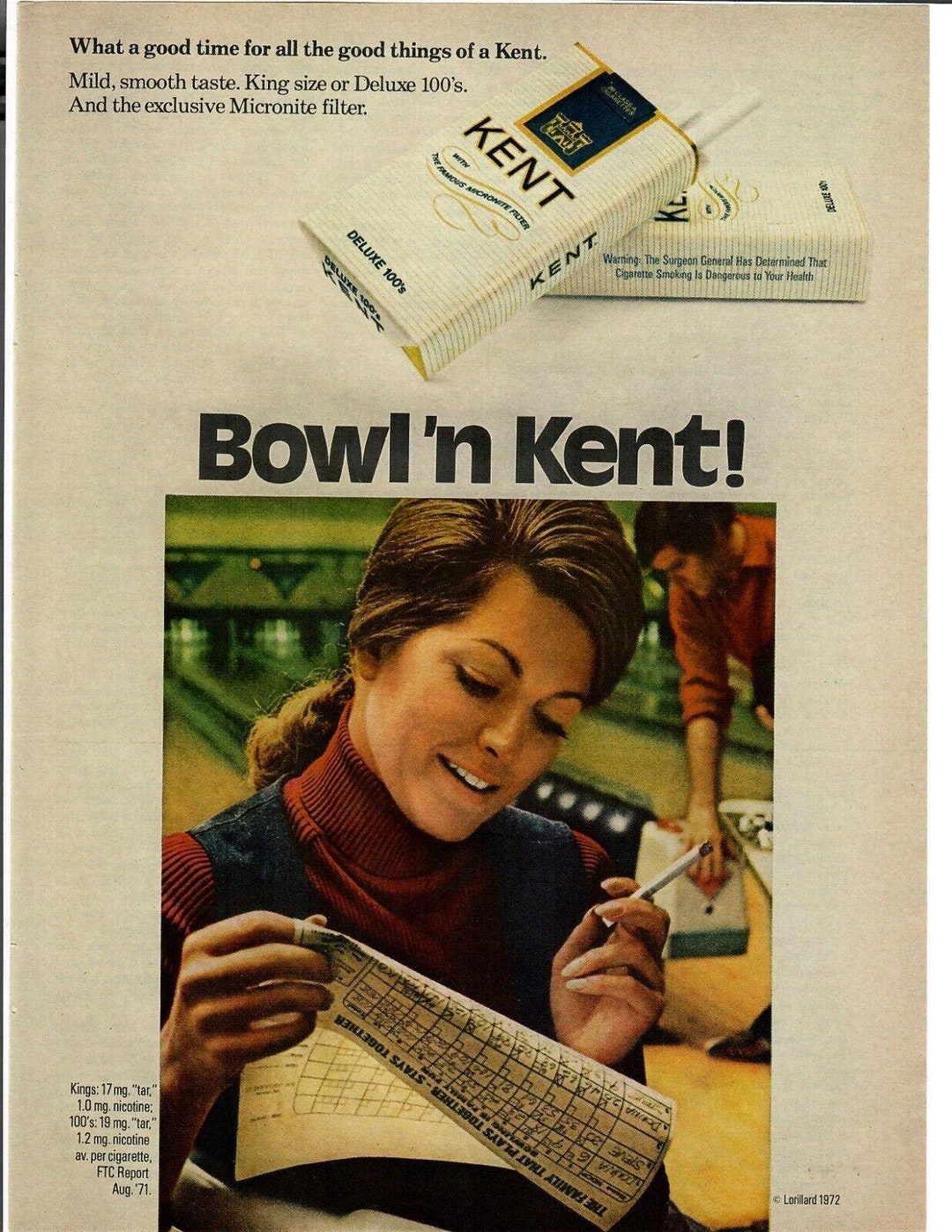 1972 Kent Vintage Print Ad Woman Smoking Cigarette Tobacco Bowl 'n Kent ...